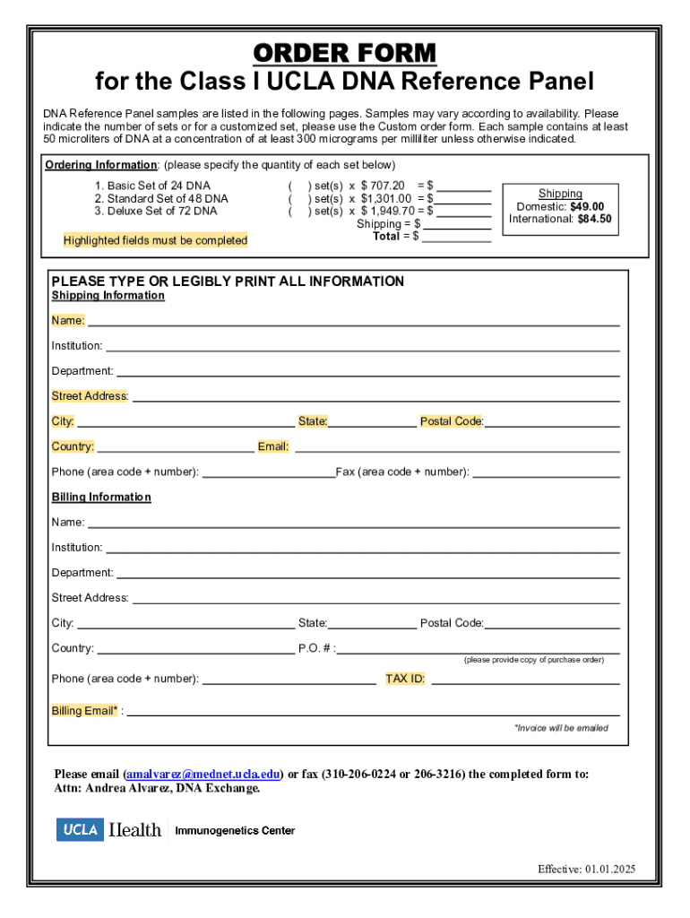 Fillable Online Order Form for the Class I Ucla Dna Reference Panel Fax Email Print - pdfFiller