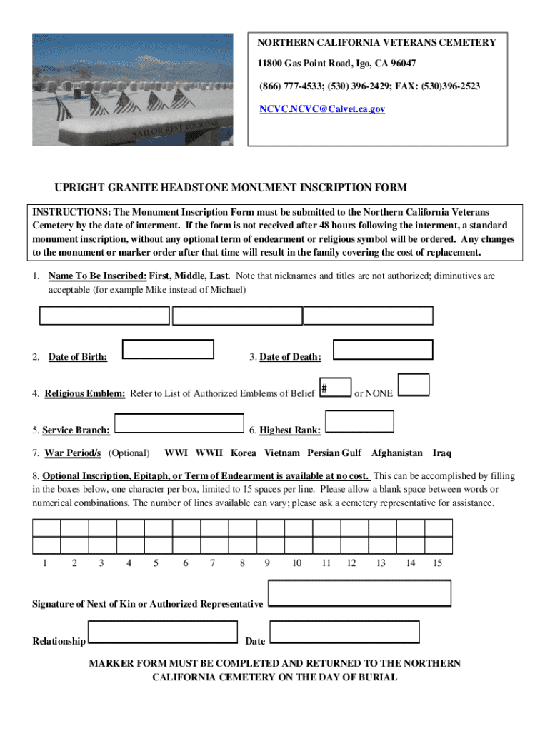 Fillable Online Upright Granite Headstone Monument Inscription Fax Email Print - pdfFiller