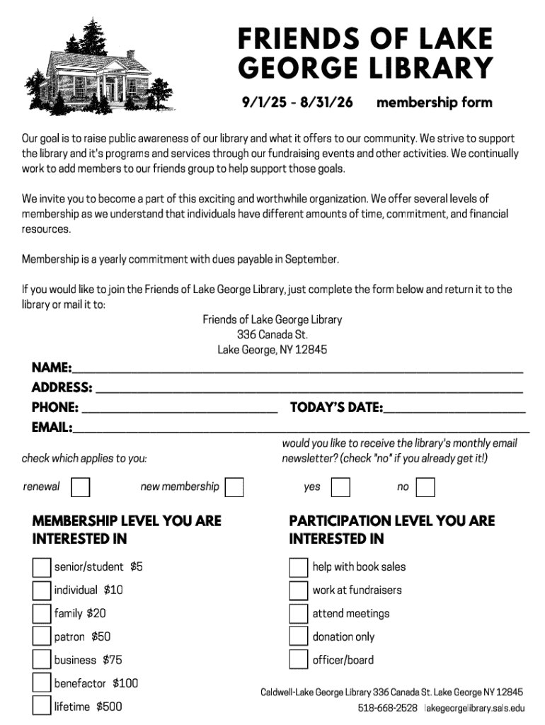 Fillable Online Membership Form for Friends of Lake George Library Fax ...