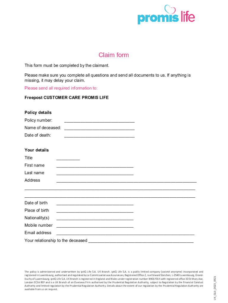 Fillable Online Claim Form for Life Insurance Policy Fax Email Print ...