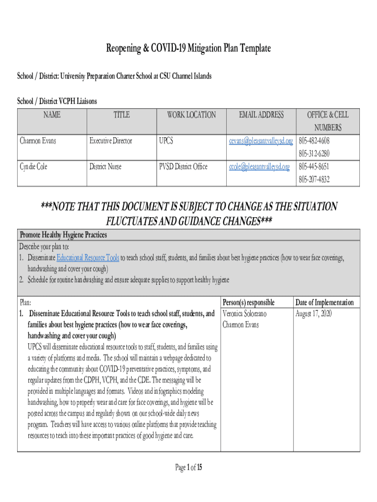 Fillable Online Reopening & Covid-19 Mitigation Plan Fax Email Print - pdfFiller