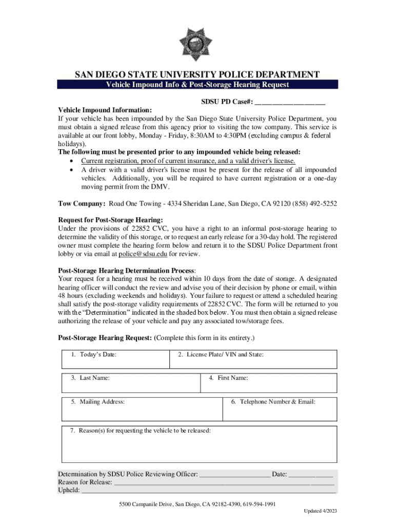 Fillable Online San Diego State University Vehicle Impound Information ...