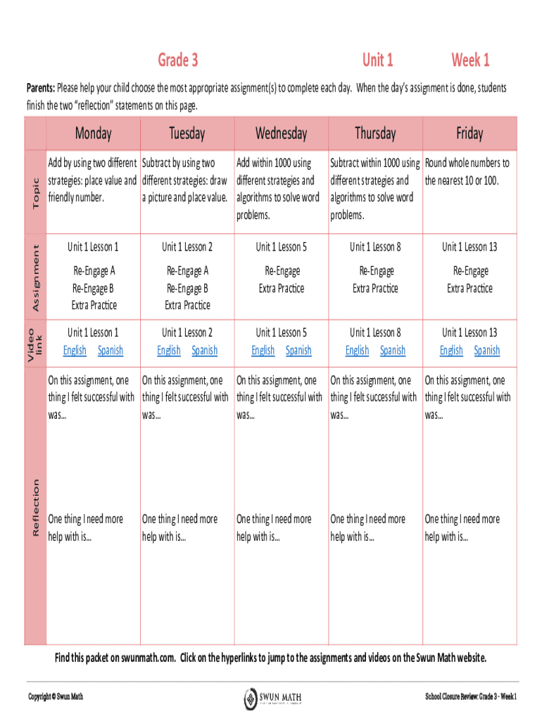 Fillable Online Grade 3 Unit 1 Weekly Assignments Fax Email Print - pdfFiller
