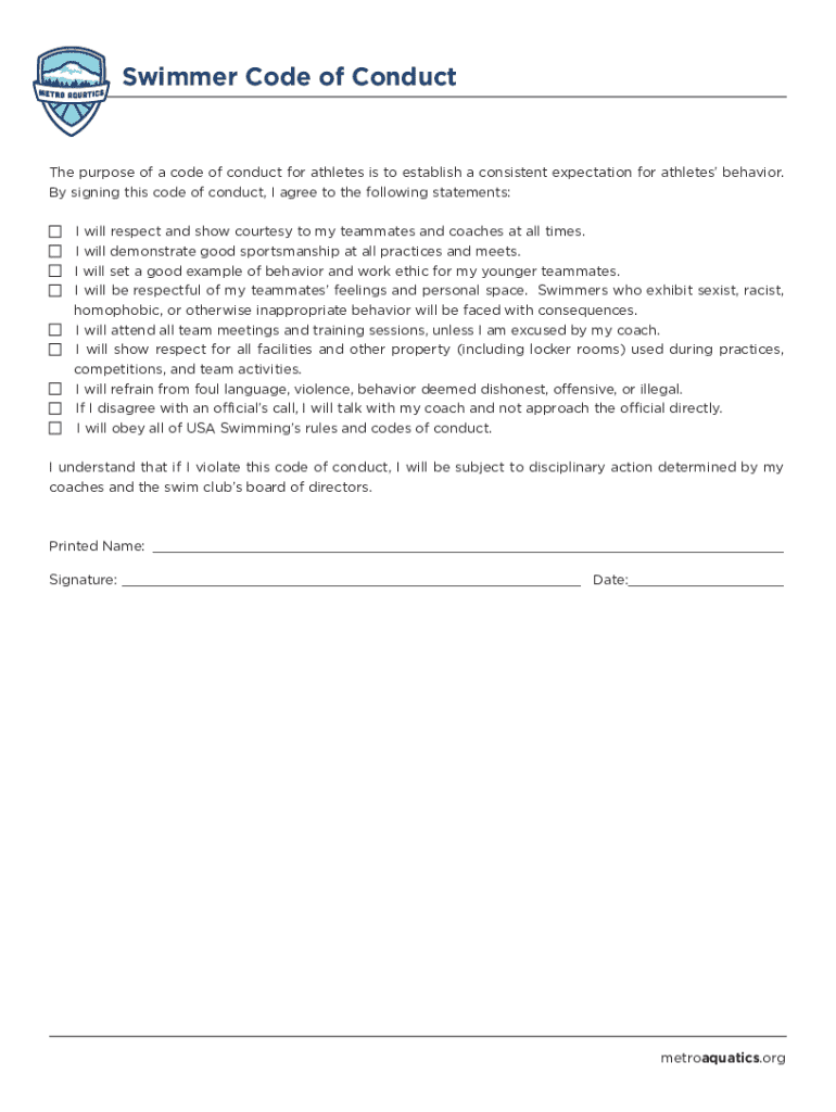Fillable Online Swimmer Code of Conduct Fax Email Print - pdfFiller