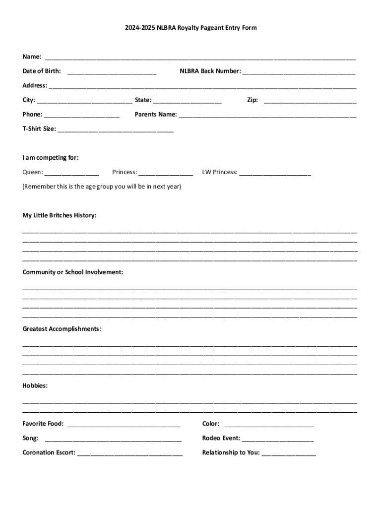 Fillable Online Nlbra Royalty Pageant Entry Form Fax Email Print ...