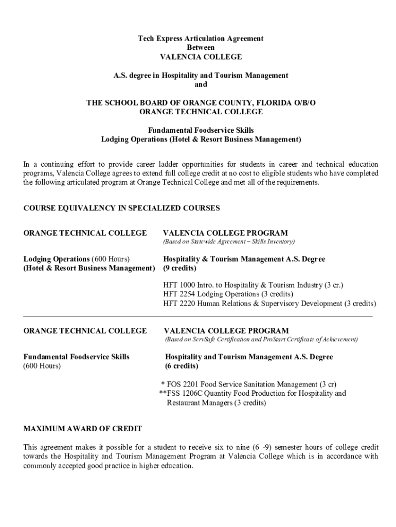 Fillable Online Tech Express Articulation Agreement Between Valencia ...