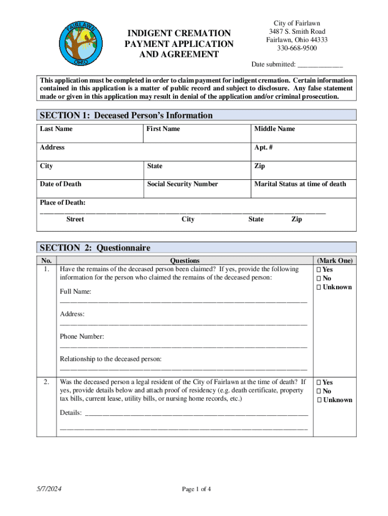 Fillable Online Indigent Cremation Payment Application and Agreement Fax Email Print - pdfFiller