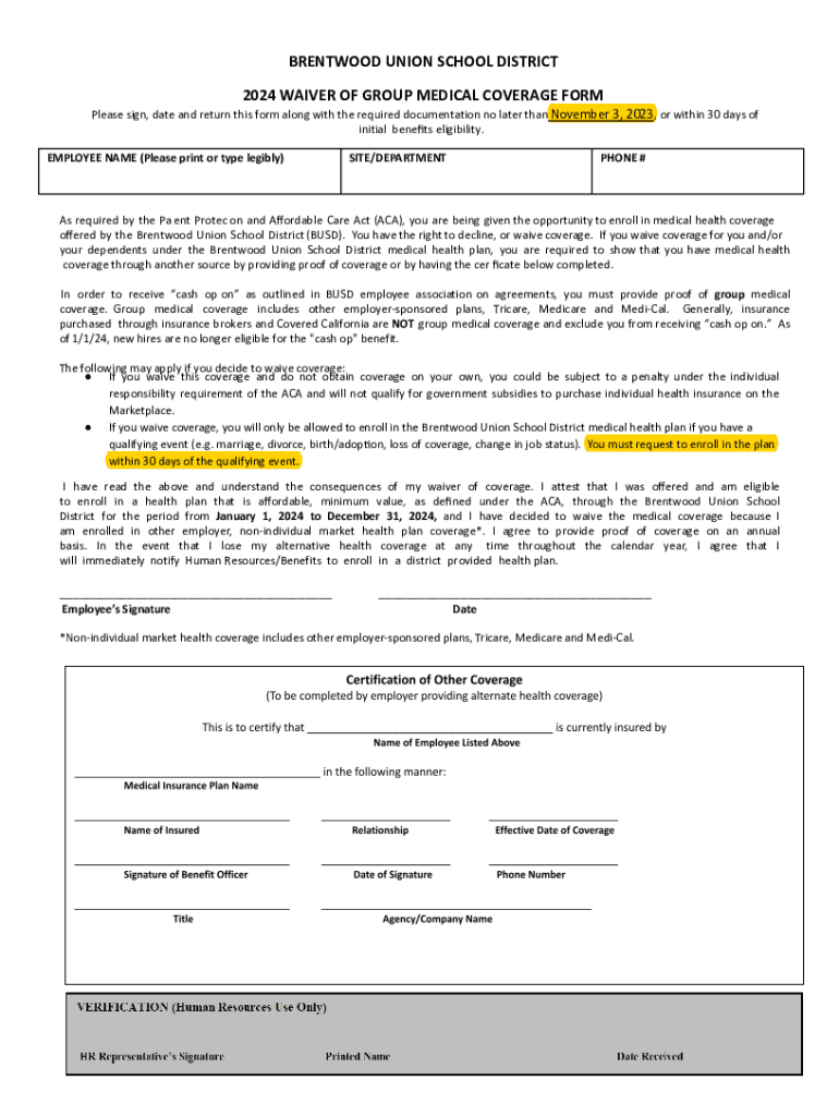 Fillable Online Brentwood Union School District Waiver of Medical ...