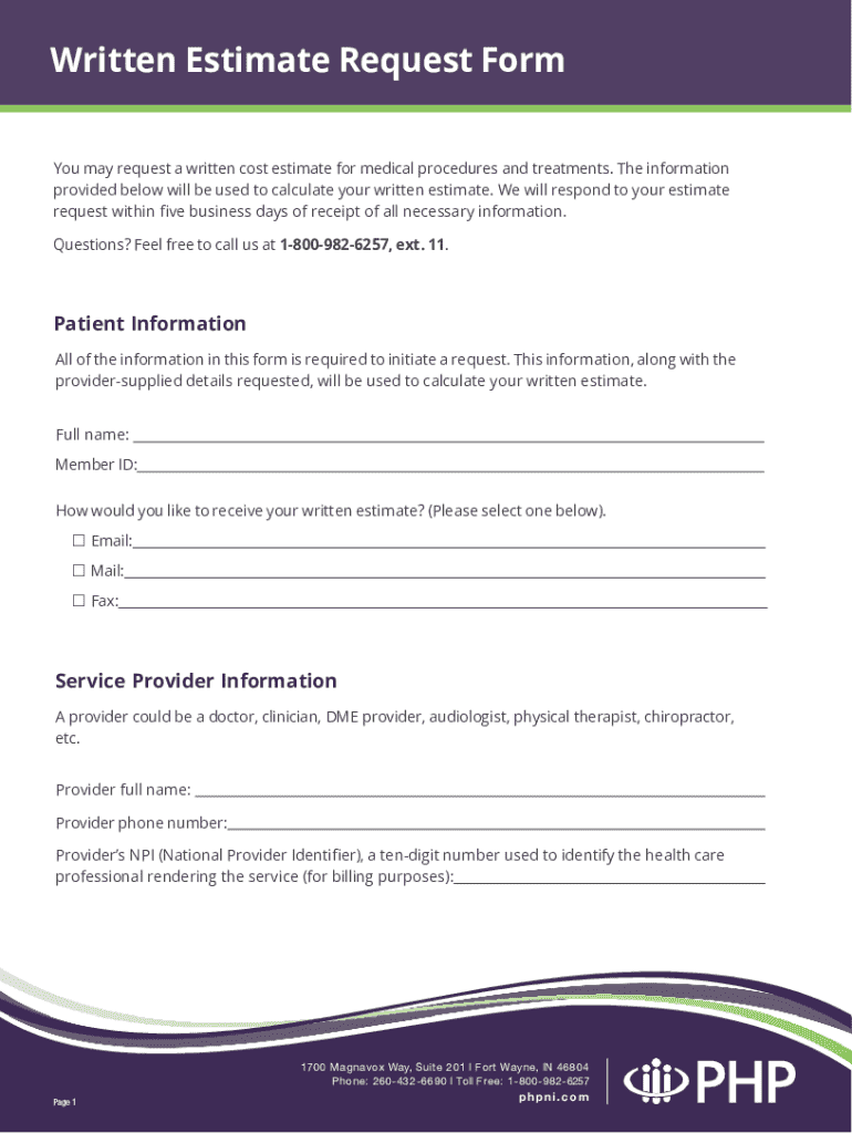 Fillable Online Written Estimate Request for Medical Procedures Fax Email Print - pdfFiller