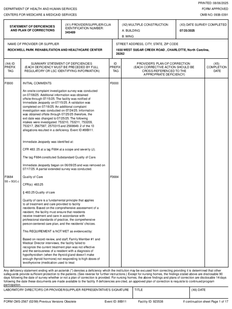Fillable Online Statement of Deficiencies and Plan of Corrections Fax Email Print - pdfFiller