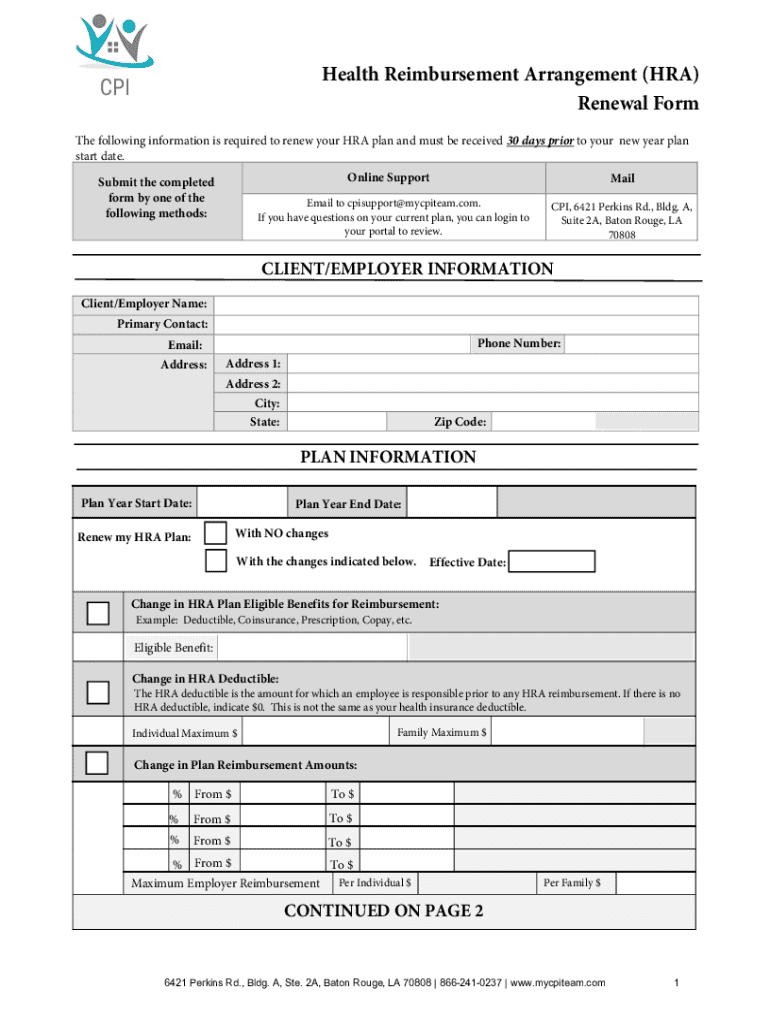 Fillable Online Health Reimbursement Arrangement (hra) Renewal Form Fax ...