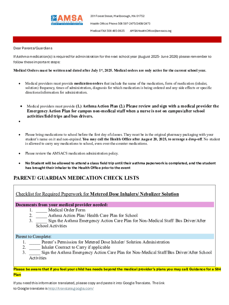 Fillable Online Medication Administration Plan for Asthma Fax Email Print - pdfFiller