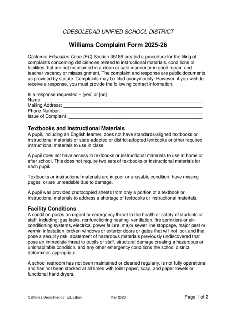 Fillable Online Williams Complaint Form Fax Email Print - pdfFiller