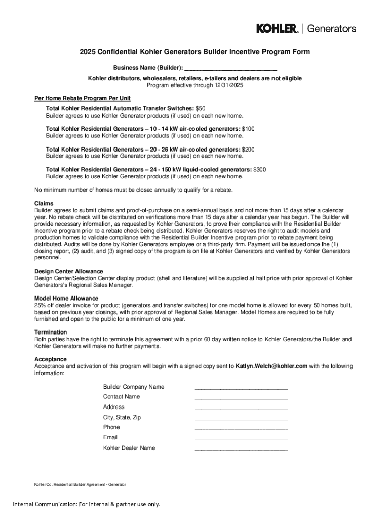 Fillable Online Kohler Generators Builder Incentive Program Fax Email ...