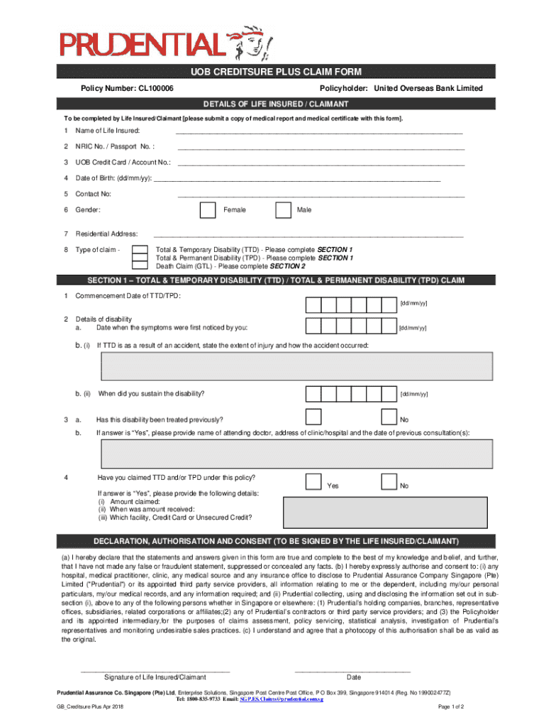 Fillable Online Uob Creditsure Plus Claim Form Fax Email Print - pdfFiller