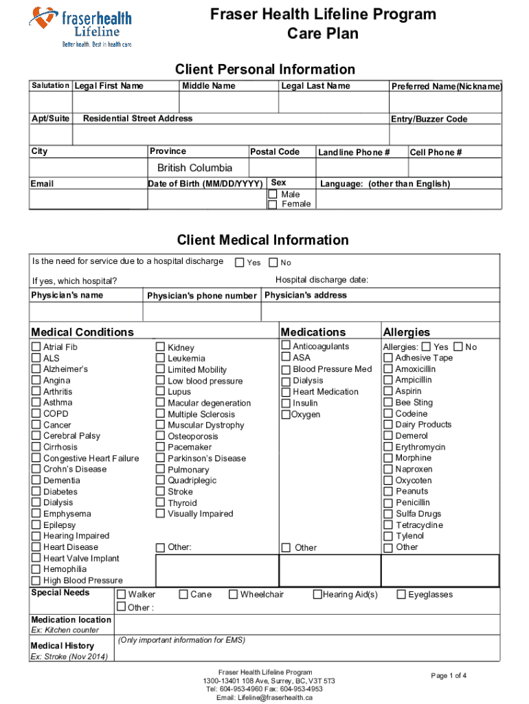 Fillable Online Fraser Health Lifeline Program Fax Email Print - pdfFiller