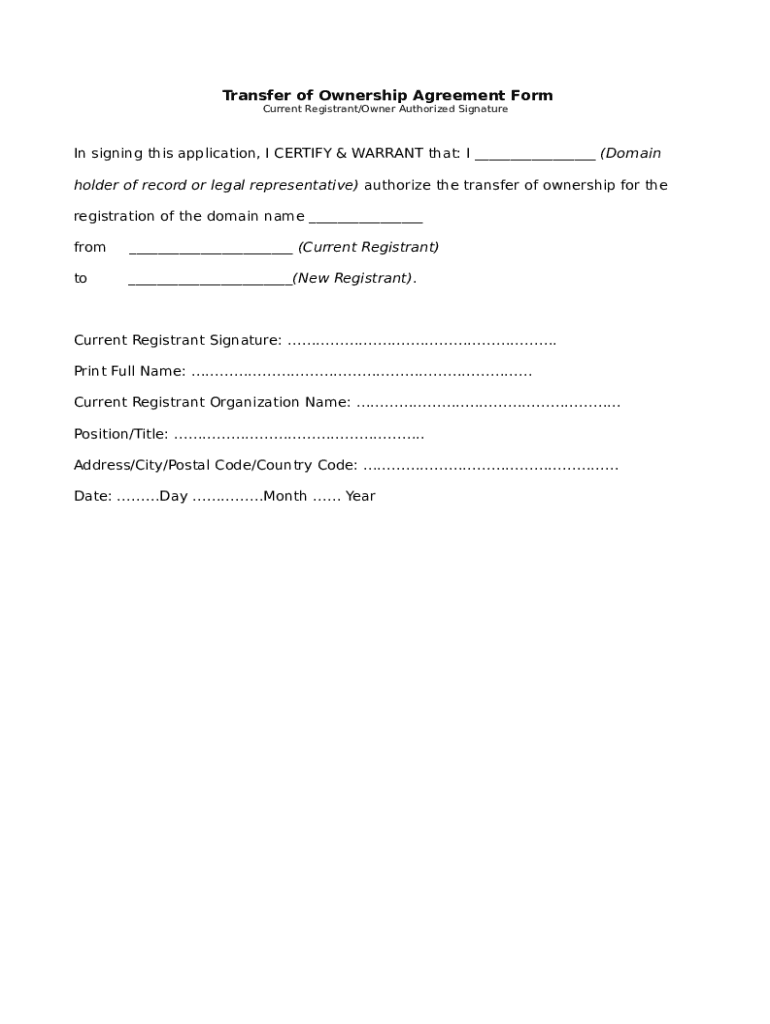Fillable Online Transfer of Ownership Agreement Fax Email Print - pdfFiller