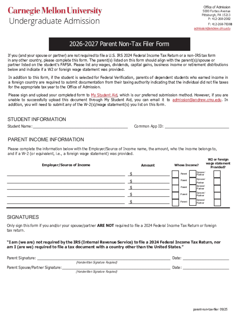 Fillable Online 2026-2027 Parent Non-tax Filer Form Fax Email Print - pdfFiller