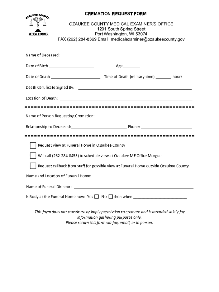 Fillable Online Cremation Request Form for Ozaukee County Medical ...