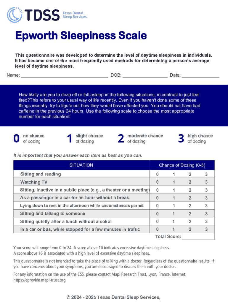 Fillable Online Epworth Sleepiness Scale Questionnaire Fax Email Print ...