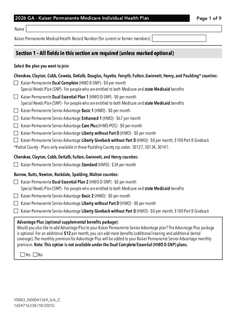 Fillable Online Kaiser Permanente Senior Advantage and Dual Complete/essential Enrollment Fax ...