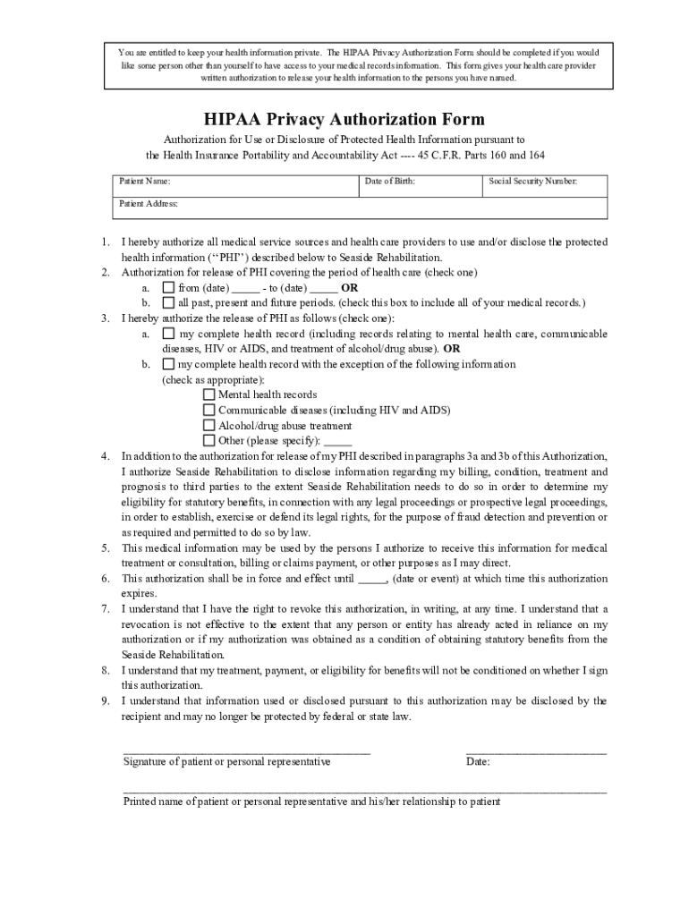 Fillable Online Hipaa Privacy Authorization Form Fax Email Print ...