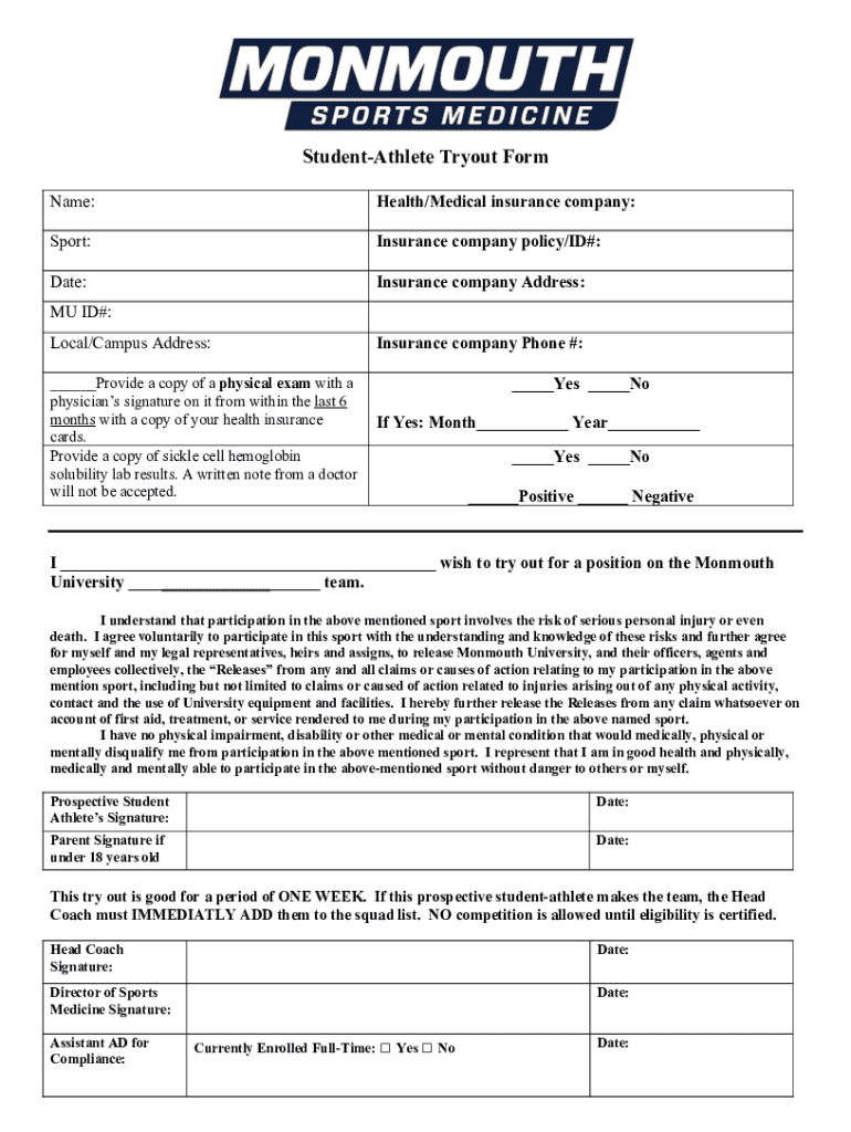 Fillable Online Student-athlete Tryout Form Fax Email Print - pdfFiller
