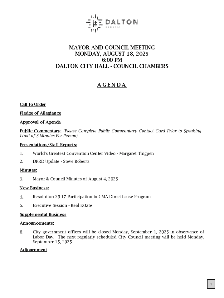 Fillable Online Mayor and Council Meeting Agenda Fax Email Print - pdfFiller