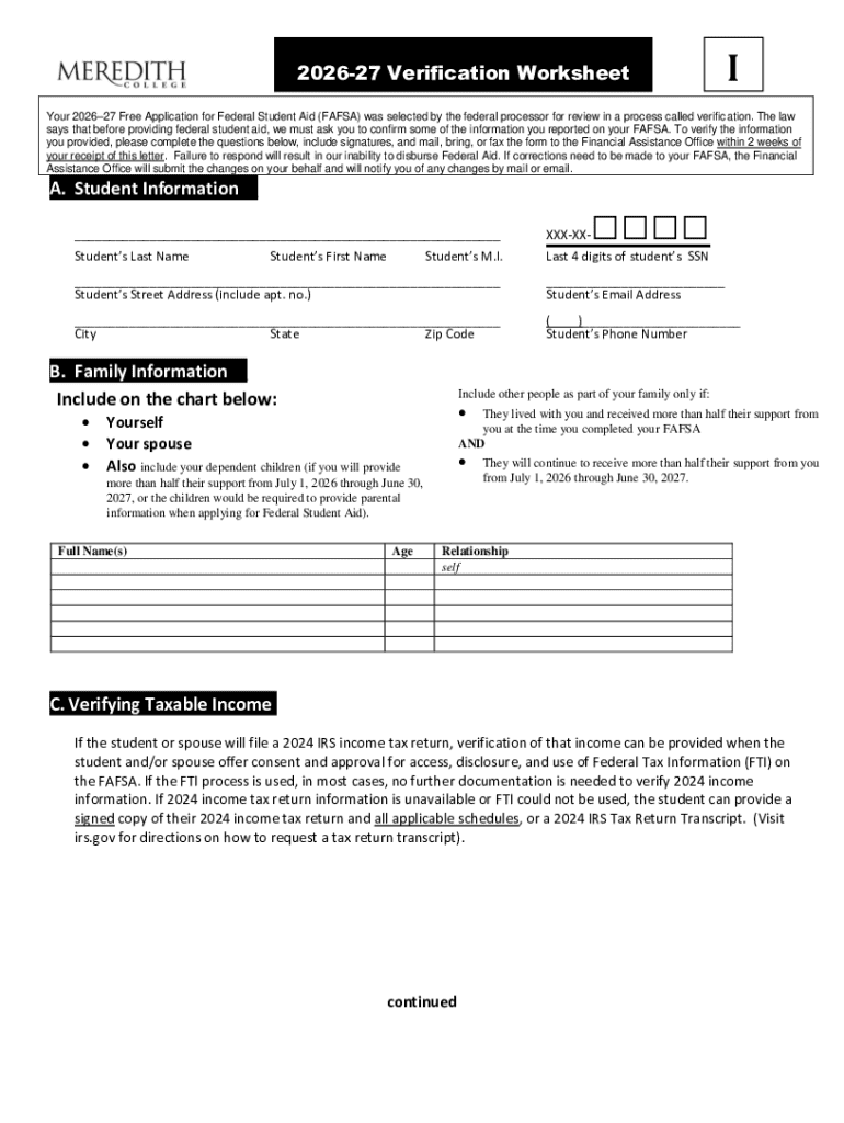 Fillable Online 2026-27 Verification Worksheet Fax Email Print - pdfFiller