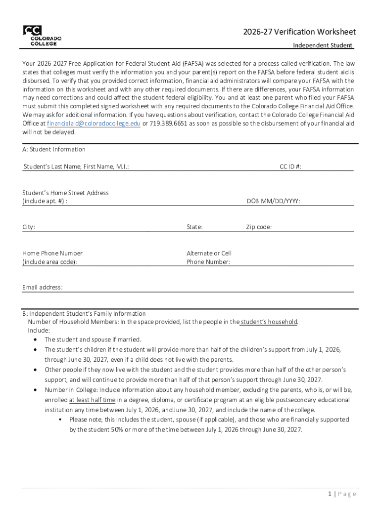 Fillable Online 2026-27 Verification Worksheet - Independent Student ...