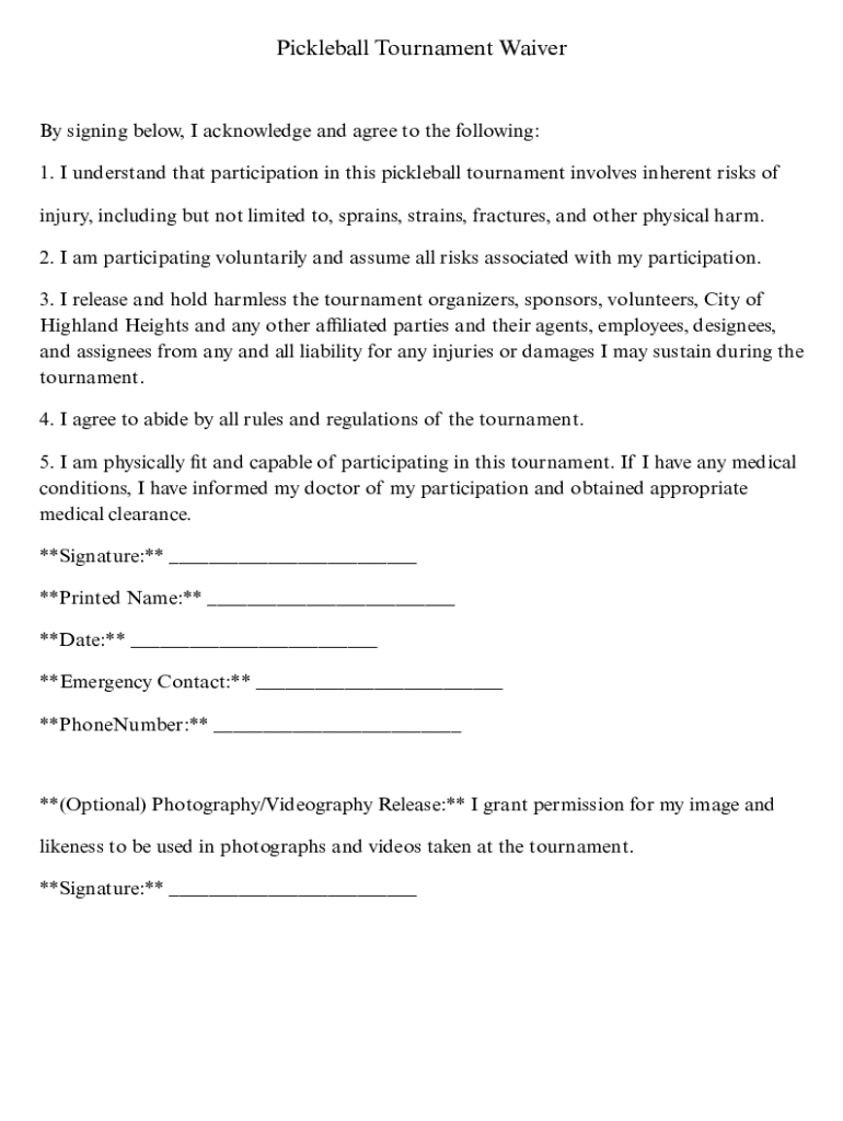 Fillable Online Pickleball Tournament Waiver Fax Email Print - pdfFiller