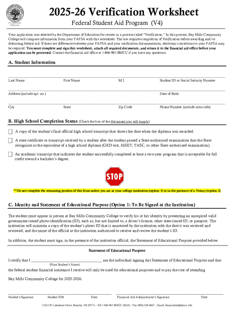 Fillable Online Verification Worksheet for Federal Student Aid Program (v4) Fax Email Print ...