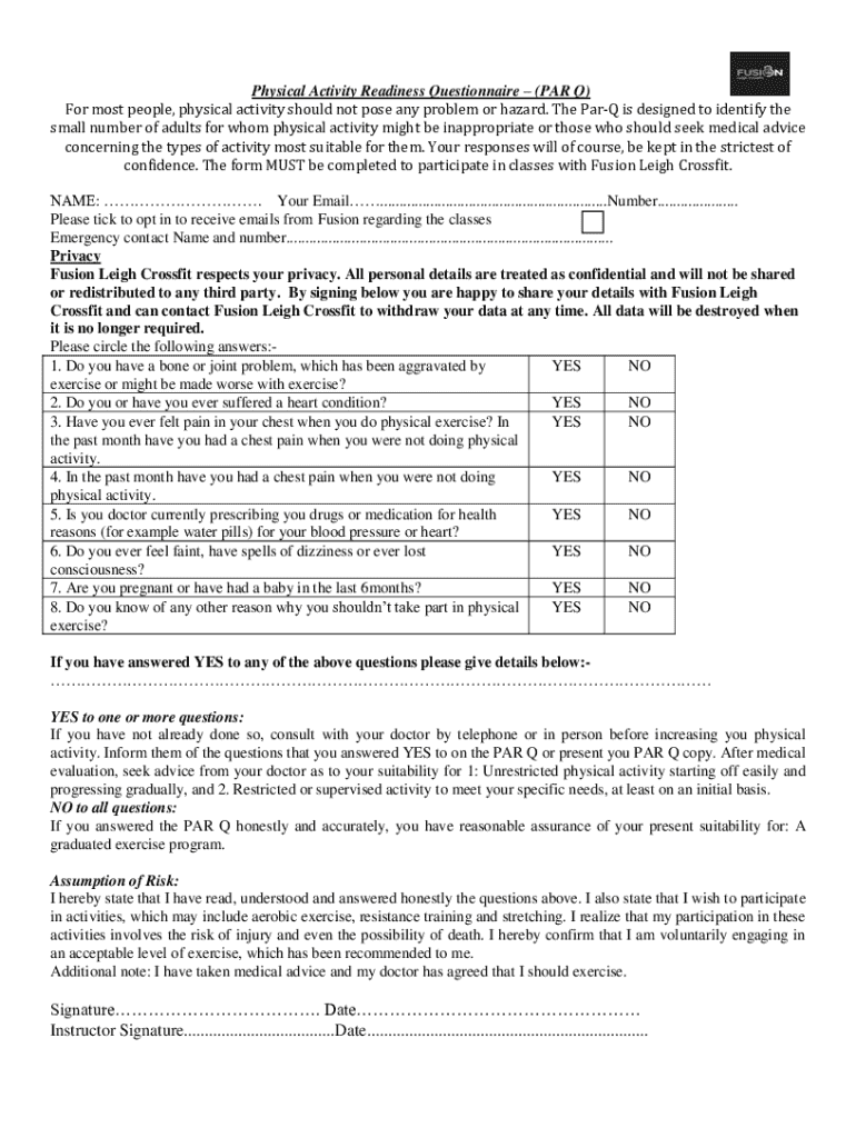 Fillable Online Physical Activity Readiness Questionnaire (par-q) Fax ...