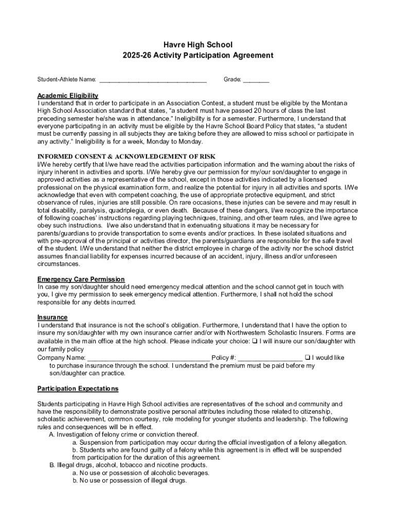 Fillable Online Havre High School Activity Participation Agreement Fax Email Print - pdfFiller
