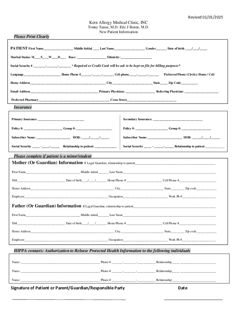 Fillable Online Kern Allergy Medical Clinic New Patient Information Fax Email Print - pdfFiller