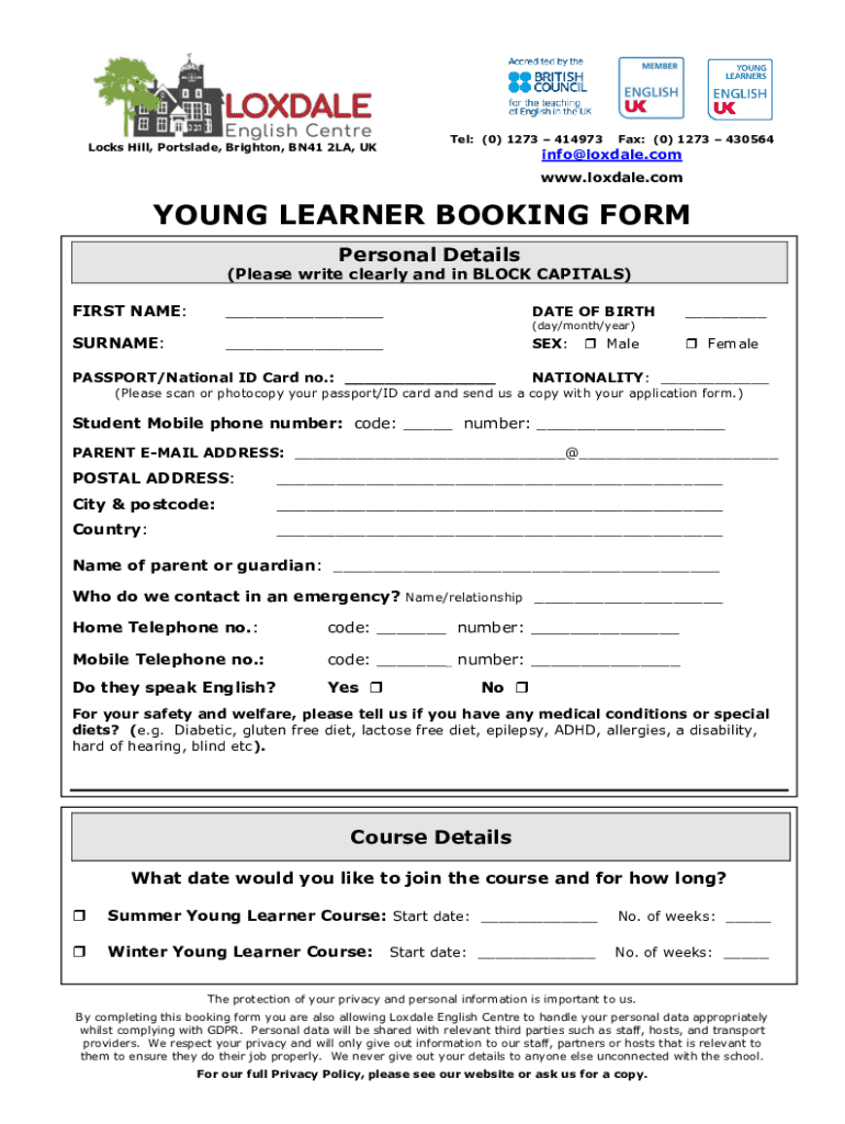 Fillable Online Young Learner Booking Form Fax Email Print - pdfFiller