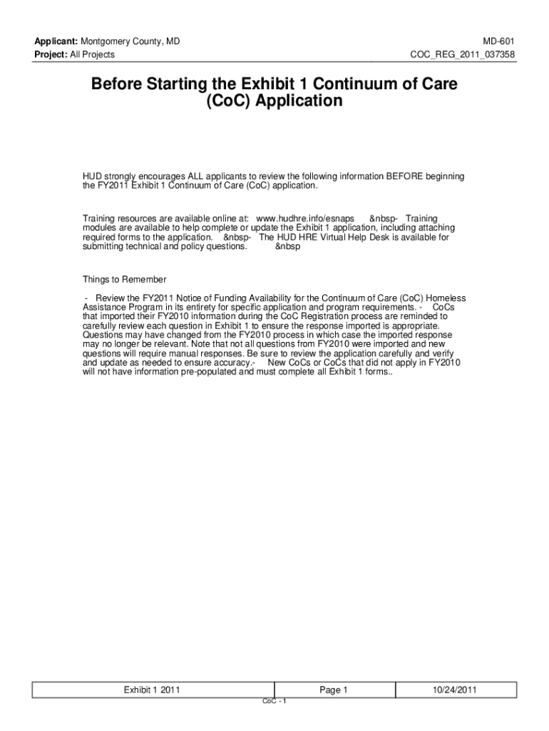 Fillable Online Fy2011 Exhibit 1 Continuum of Care Application Fax ...