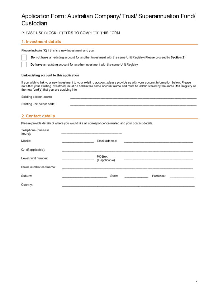 Fillable Online Application Form: Australian Company/ Trust ...
