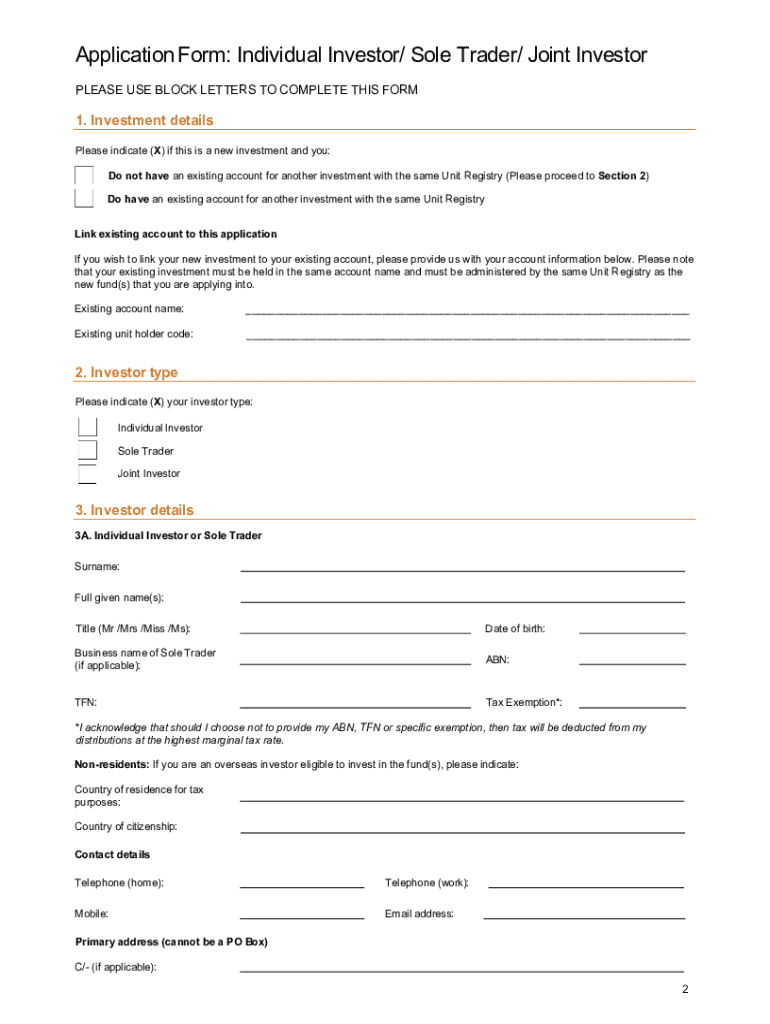 Fillable Online Individual Investor/ Sole Trader/ Joint Investor Fax Email Print - pdfFiller