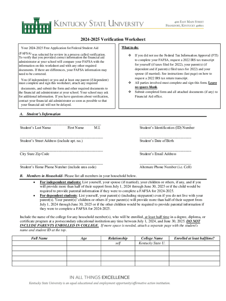 Fillable Online 2024-2025 Verification Worksheet Fax Email Print - pdfFiller