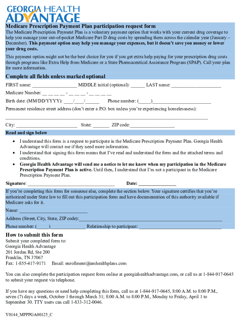 Fillable Online Medicare Prescription Payment Plan Participation Request Fax Email Print - pdfFiller