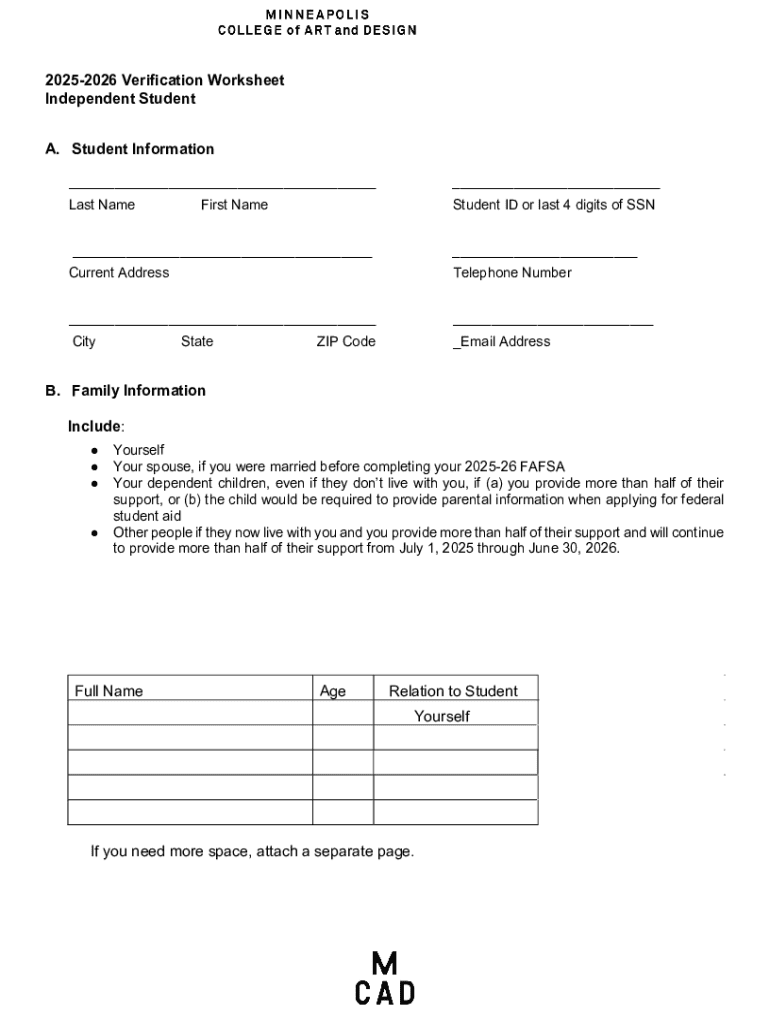 Fillable Online Verification Worksheet for Independent Students Fax ...