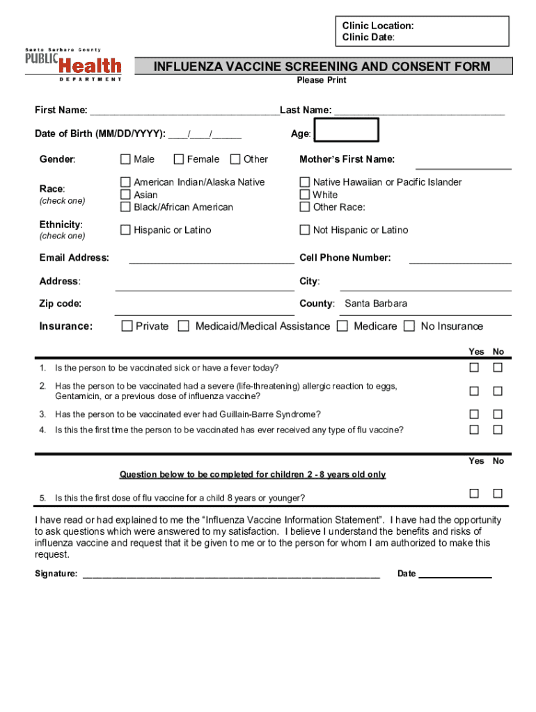 Fillable Online Influenza Vaccine Screening and Consent Fax Email Print - pdfFiller