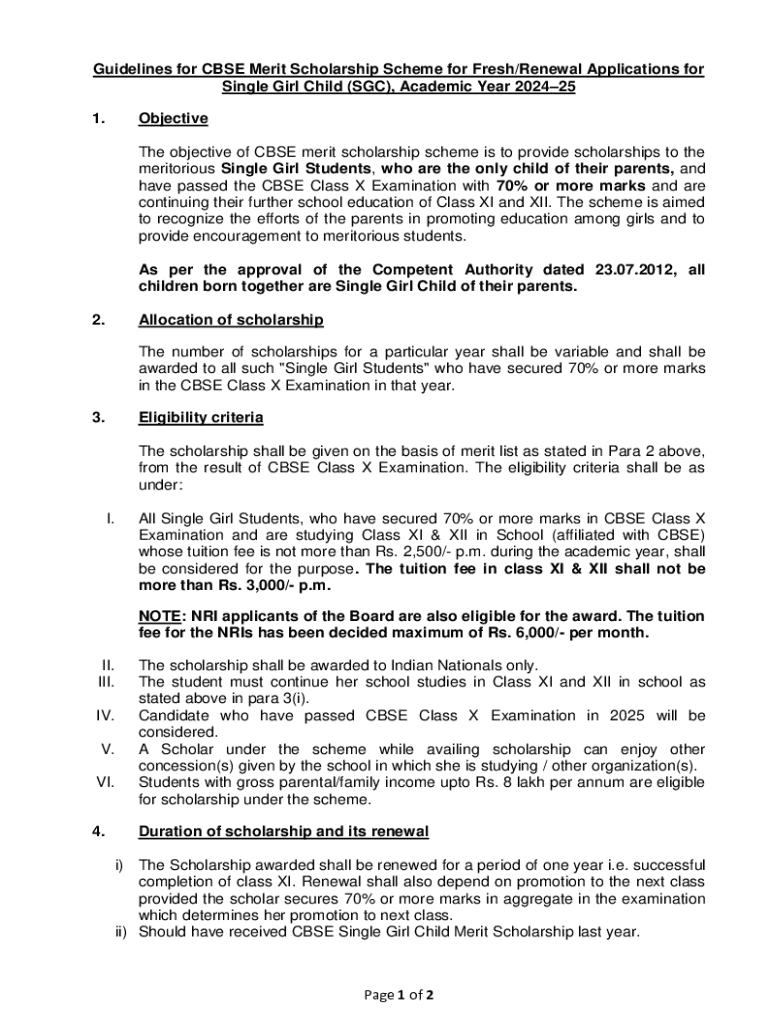 Fillable Online Cbse Merit Scholarship Scheme for Fresh/renewal ...