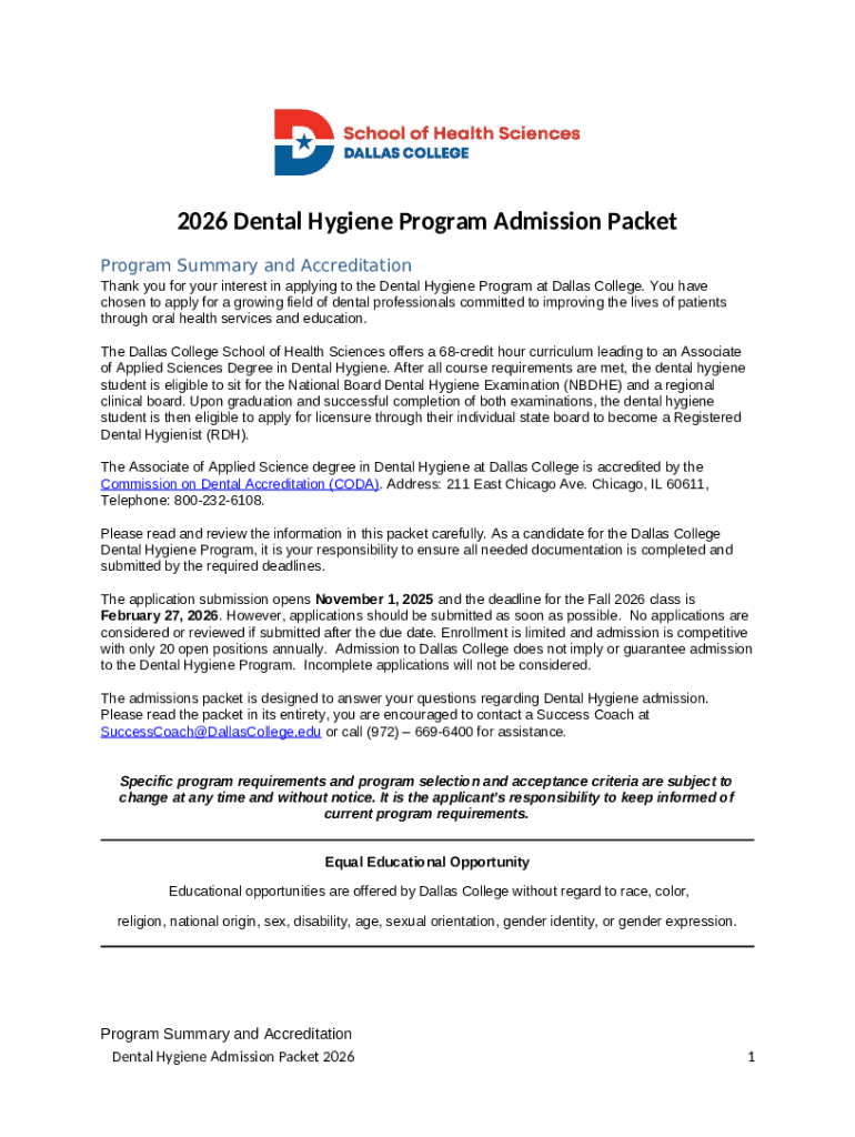 2026 Dental Hygiene Program Admission Packet Doc Template | pdfFiller