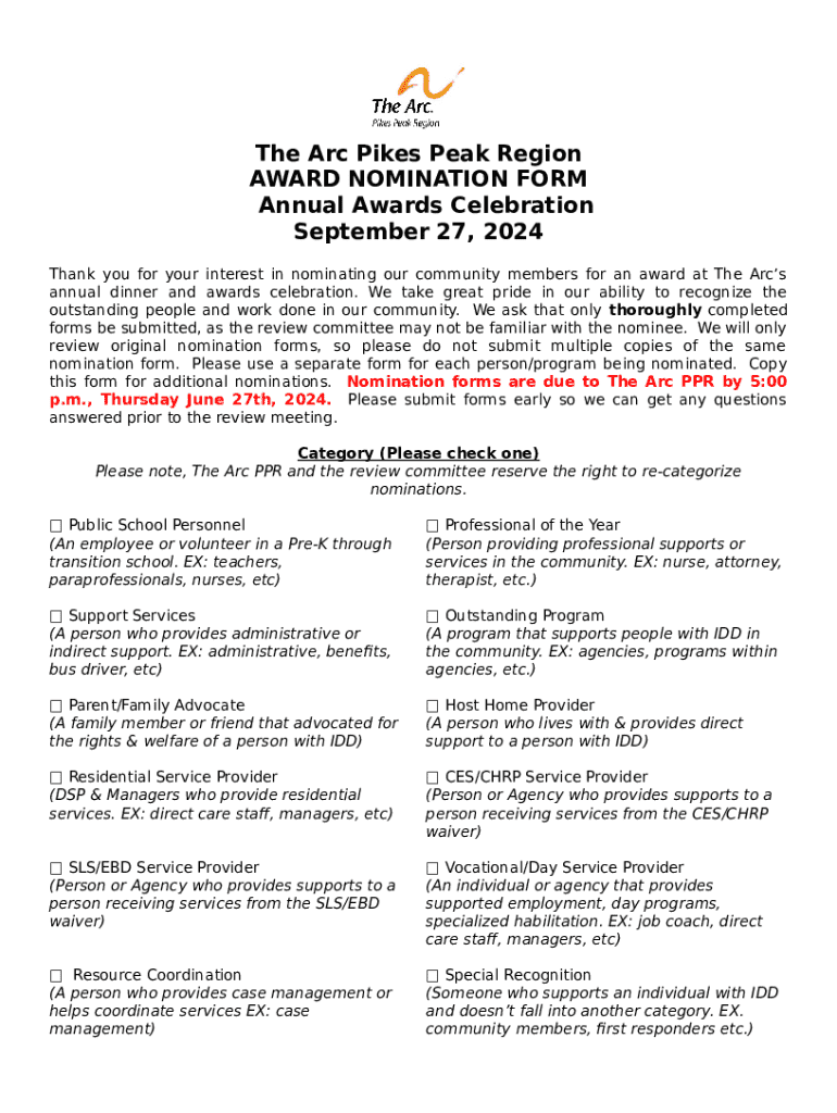 Award Nomination Doc Template | pdfFiller