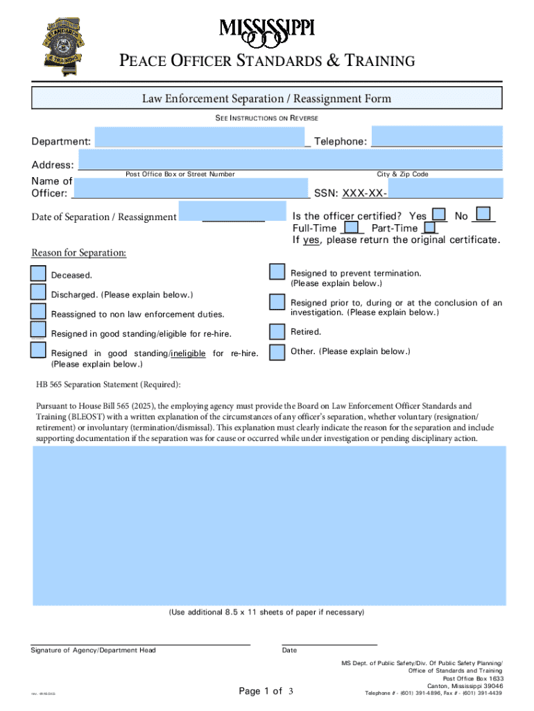 Fillable Online Law Enforcement Separation / Reassignment Form Fax Email Print - pdfFiller