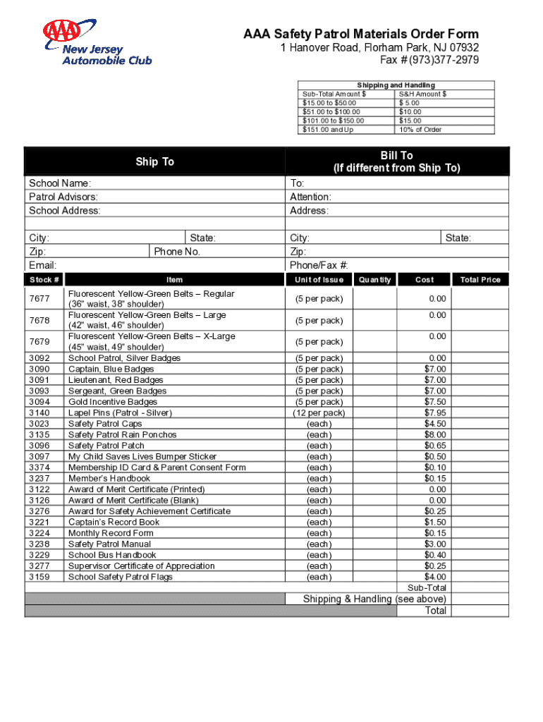 Fillable Online Aaa Safety Patrol Materials Order Form Fax Email Print - pdfFiller