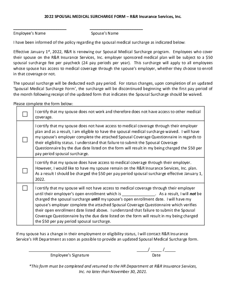 Fillable Online 2022 Spousal Medical Surcharge Form – R&r Insurance ...