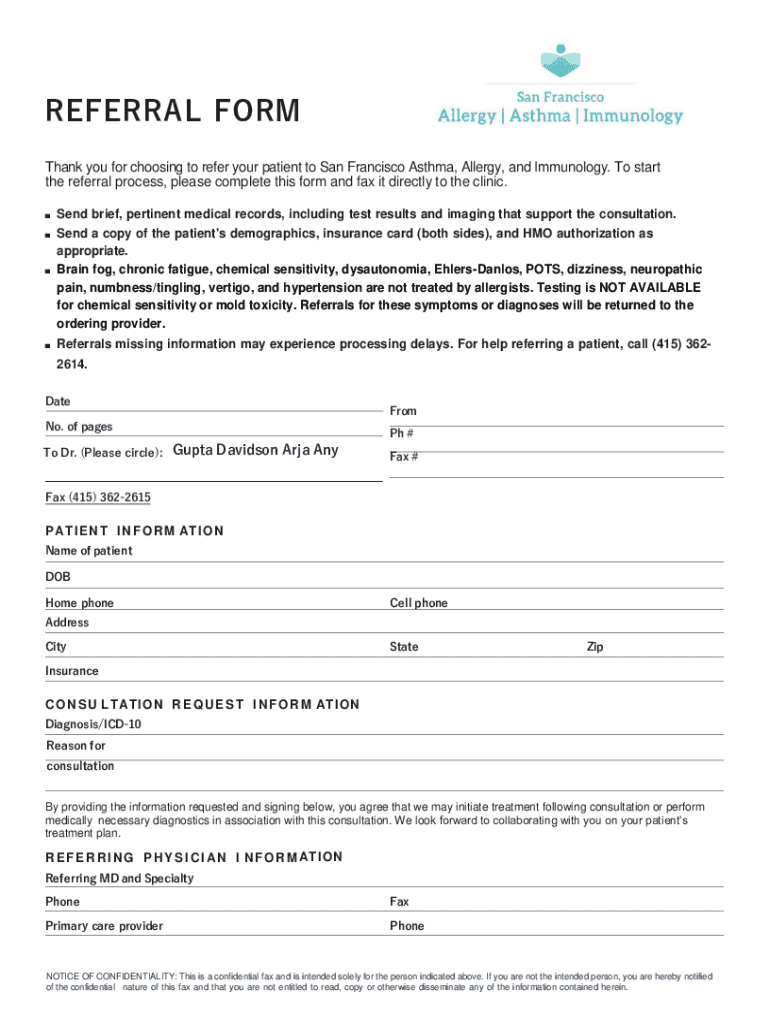 Fillable Online San Francisco Asthma, Allergy, and Immunology Referral Form Fax Email Print ...